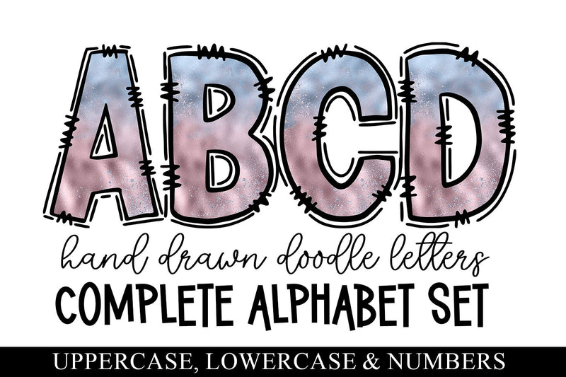 Pink & Blue Glitter Doodle Letters Png - So Fontsy
