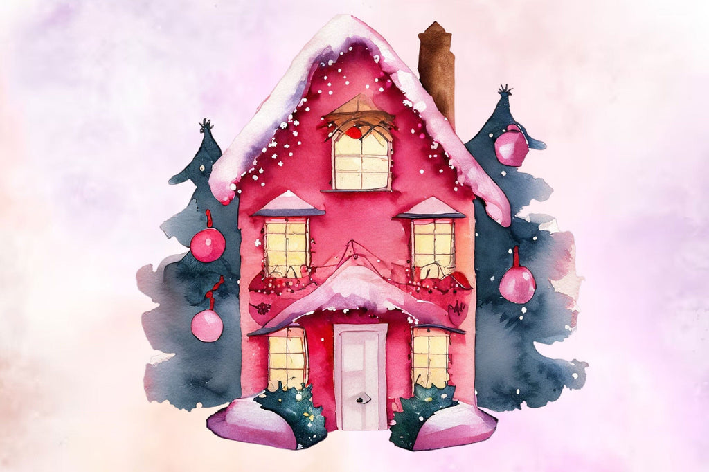 Pink Christmas House Watercolor Clipart PNG - So Fontsy