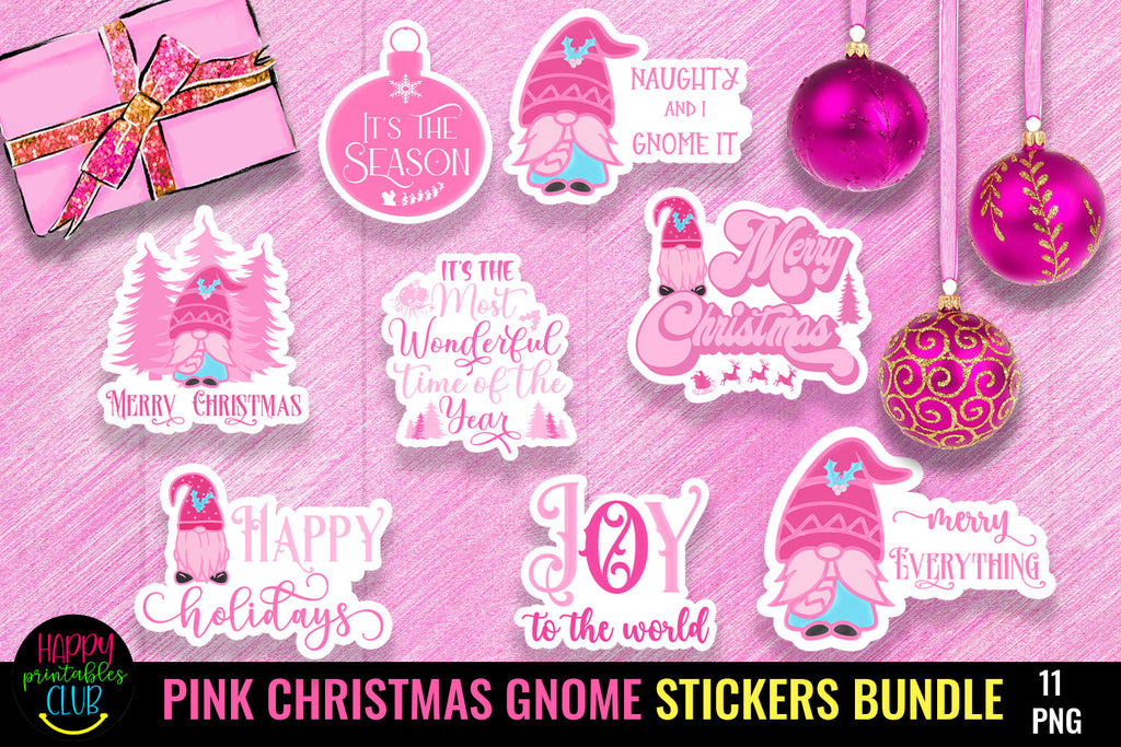 Pink Christmas Stickers Bundle I Holiday Gnome Stickers PNG - So Fontsy