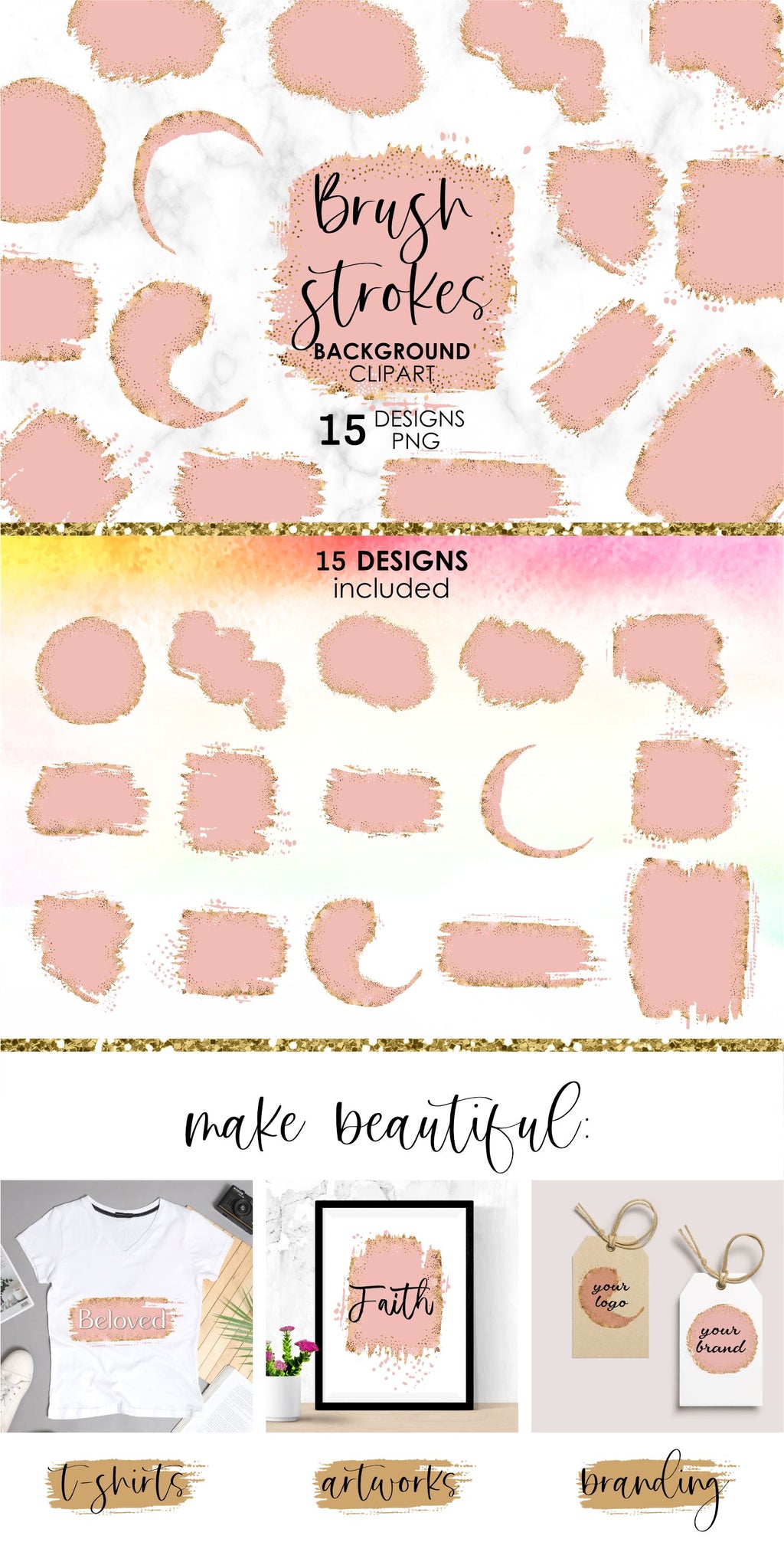 Pink Gold Brush Stroke PNG, Sublimation Background Bundle, Paint ...