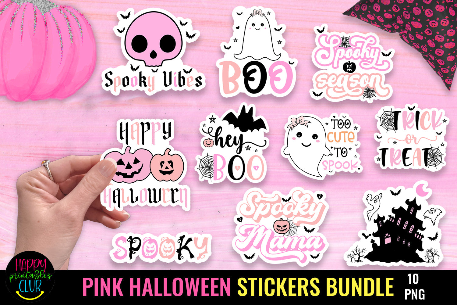Pink Halloween Stickers Bundle I Printable Halloween Sticker - So Fontsy