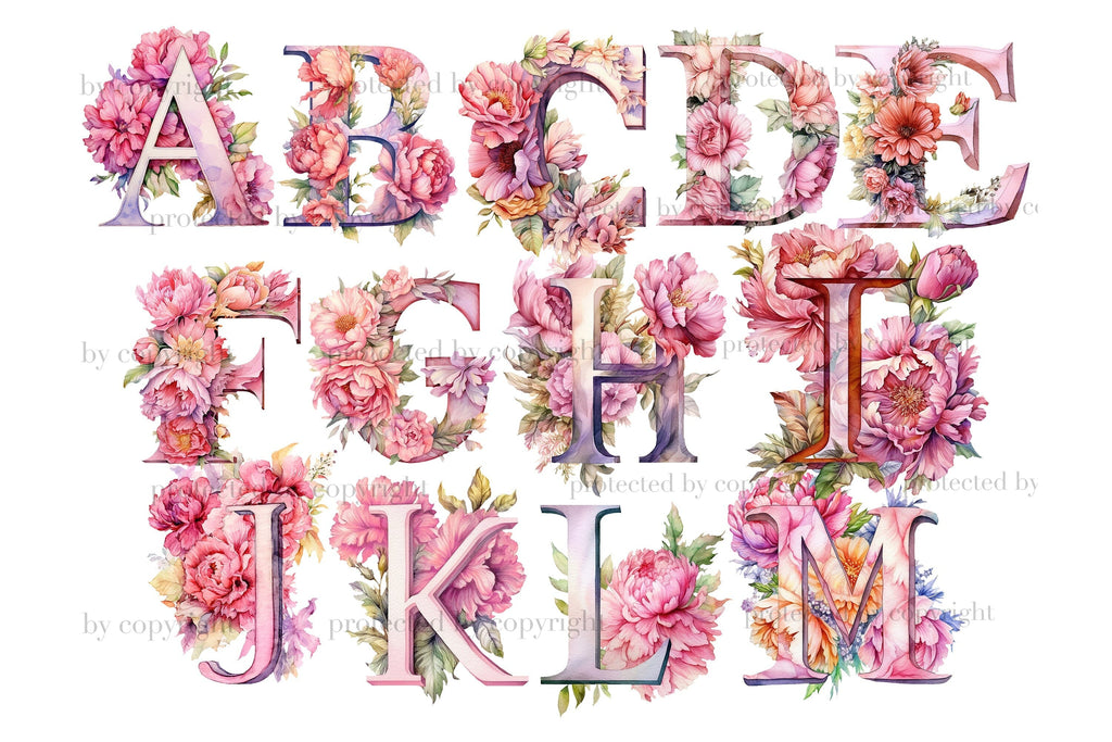 Pink Peonies Alphabet Letters | Baby Shower Sublimation PNG - So Fontsy