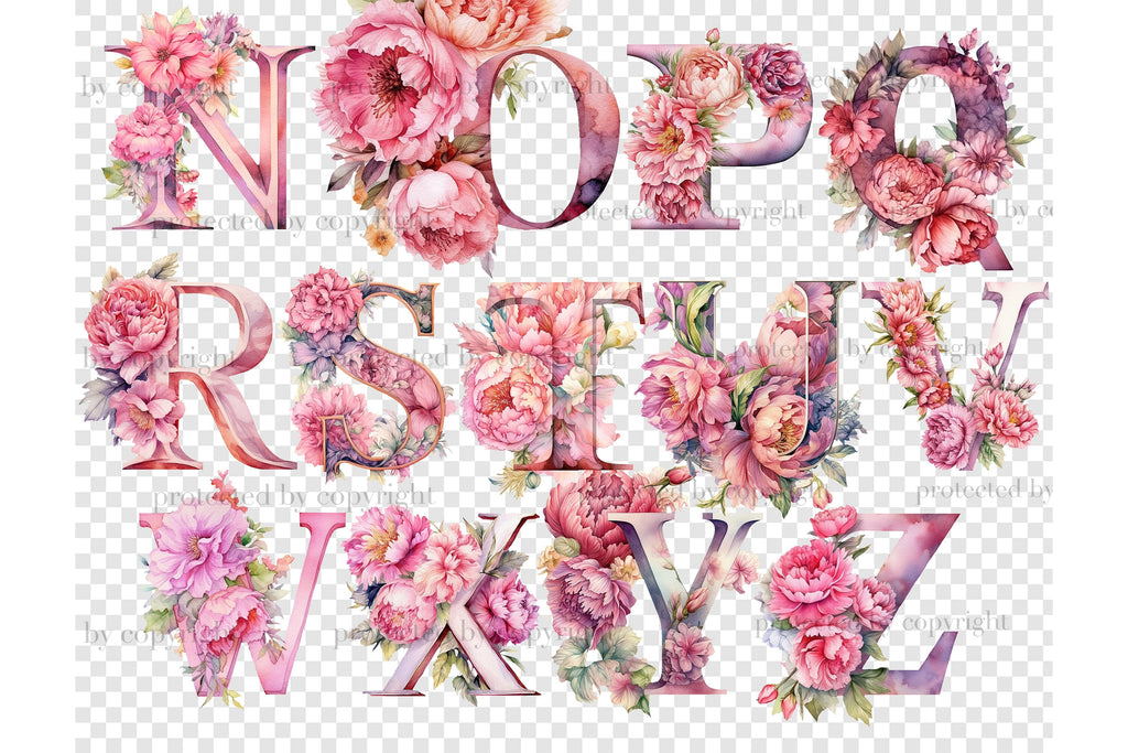 Pink Peonies Alphabet Letters | Baby Shower Sublimation PNG - So Fontsy