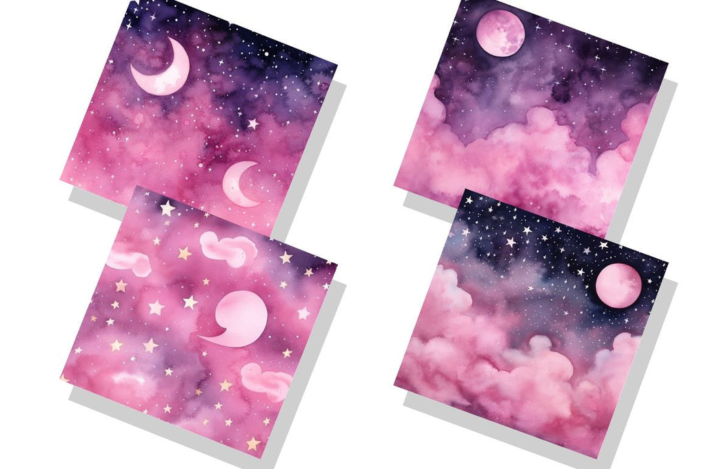 Pink Stars Moon Watercolor Backgrounds - So Fontsy