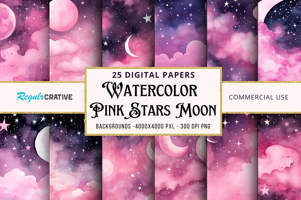 Pink Stars Moon Watercolor Backgrounds - So Fontsy