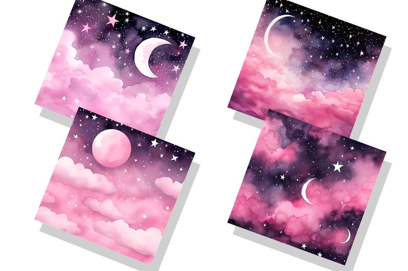 Pink Stars Moon Watercolor Backgrounds - So Fontsy