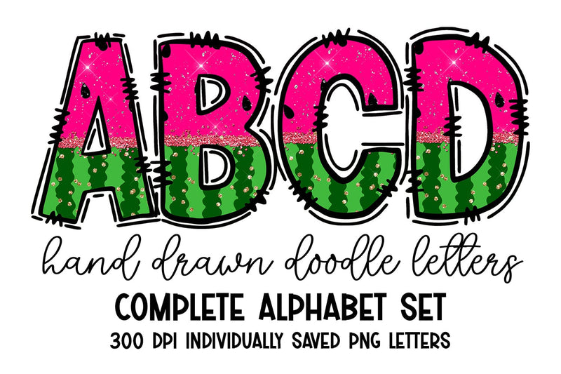 Pink Watermelon Gold Glitter Doodle Letters Alphabet Set - So Fontsy