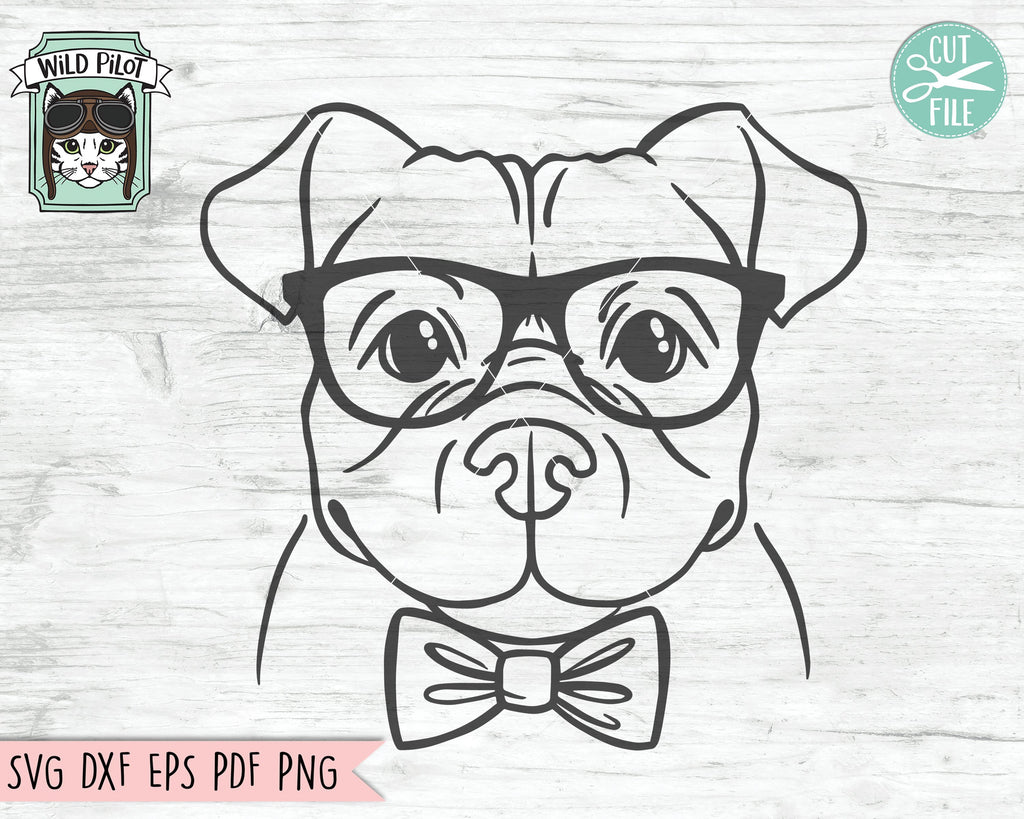 Pitbull With Glasses Bowtie SVG Cut File - So Fontsy