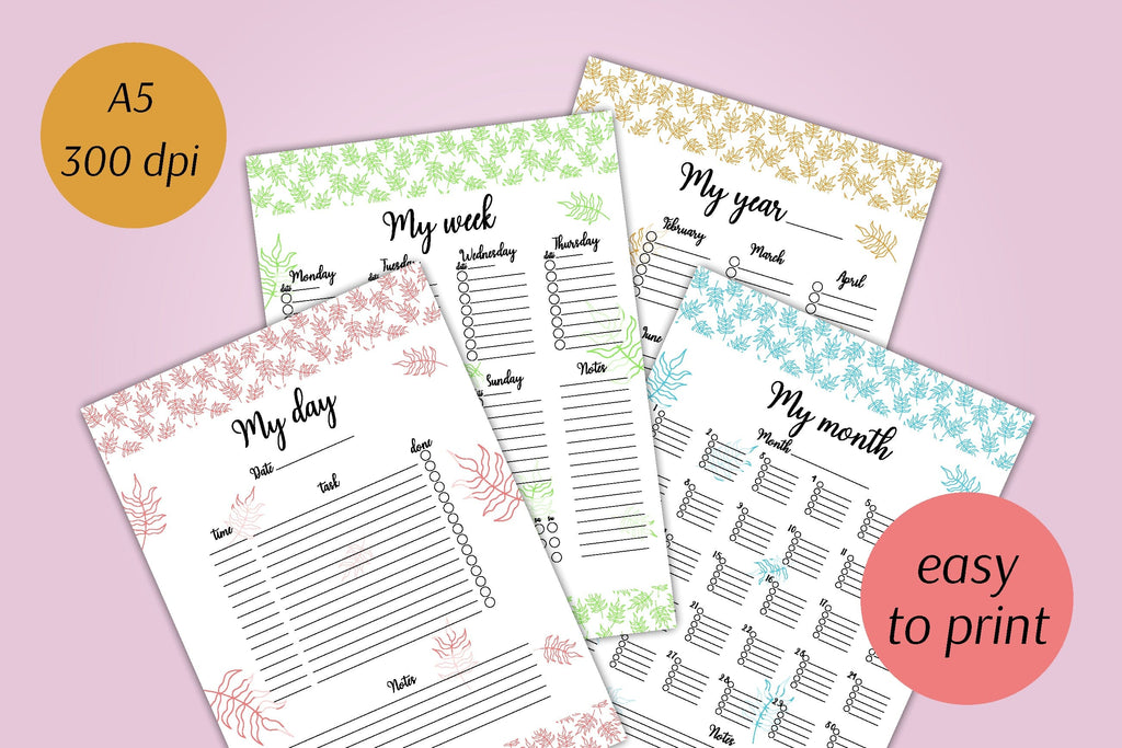 Planner Pages Set | A4 A5 Printable Templates | Leafy Design - So Fontsy