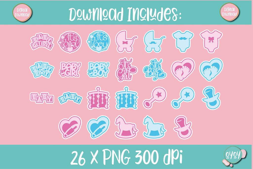 Printable Baby Shower Stickers Bundle | 26 Digital Stickers - So Fontsy