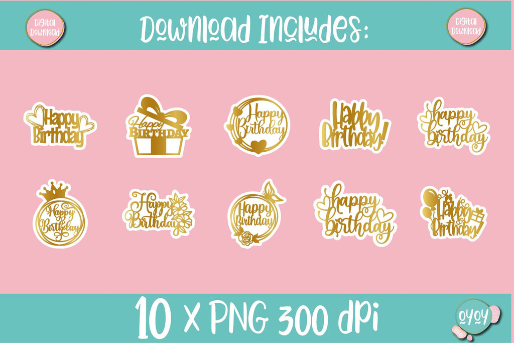 Printable Birthday Stickers Bundle | Gold Digital Stickers - So Fontsy