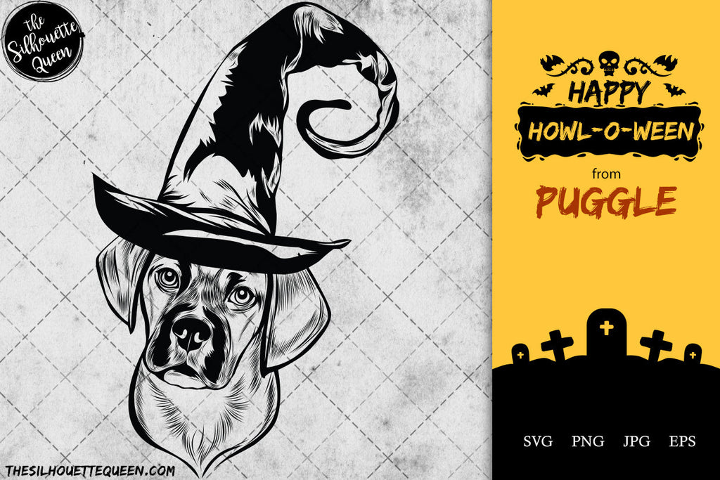 Puggle dog svg portrait clipart vector graphic art Witch hat Halloween ...