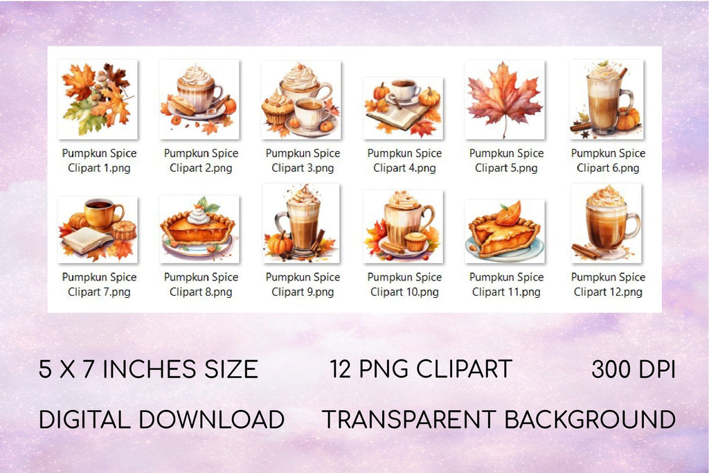 Pumpkin Spice Clipart, Watercolor Autumn Sublimation Bundle - So Fontsy