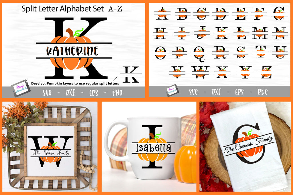 Pumpkin Split Letters A-Z - 26 Fall Split monogram letters - So Fontsy