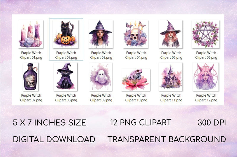 Purple Witch Clipart Halloween Sublimation Bundle - So Fontsy