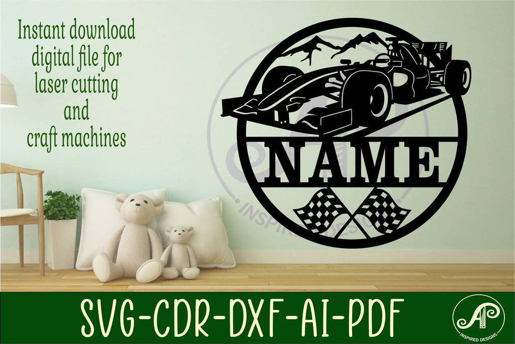 Race cars name sign svg laser cut template - So Fontsy