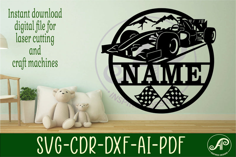 Race cars name sign svg laser cut template - So Fontsy