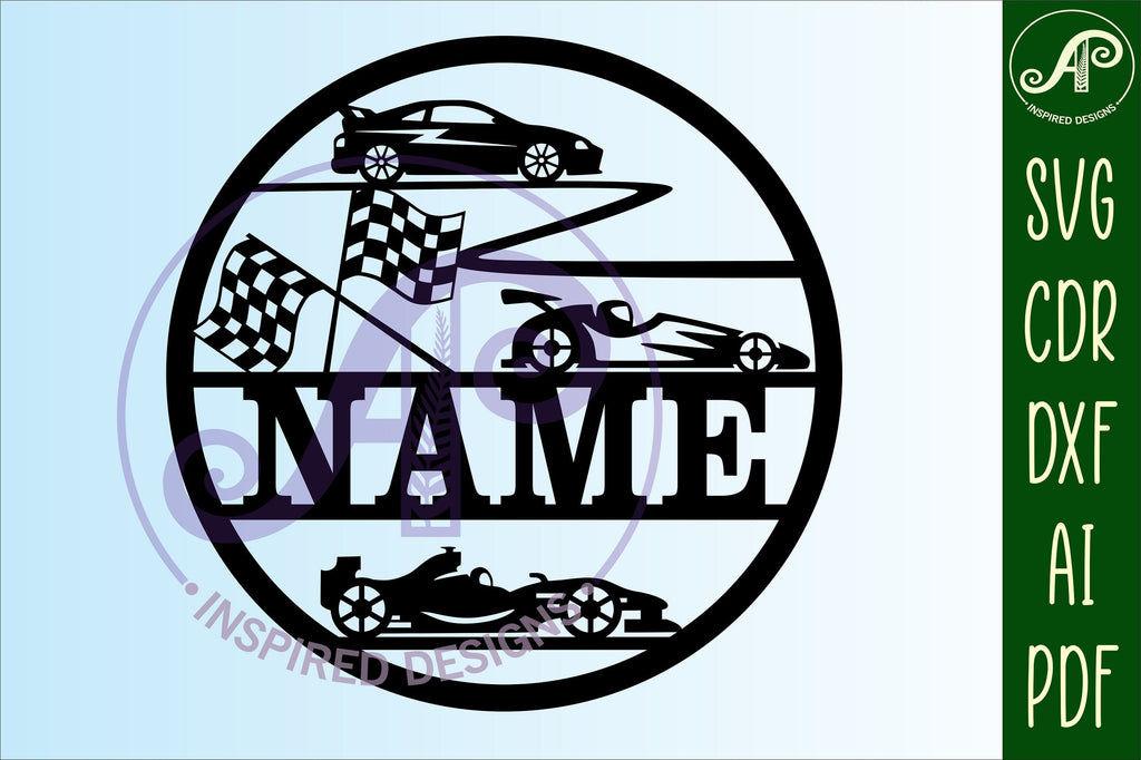 Racing cars name sign svg laser cut template - So Fontsy