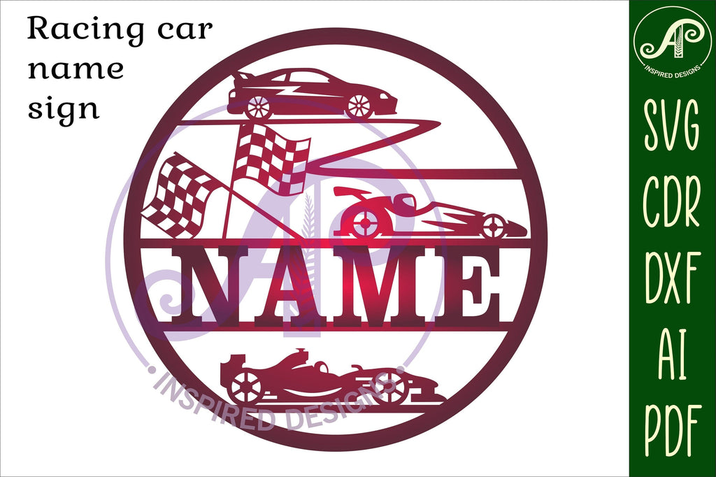 Racing cars name sign svg laser cut template - So Fontsy