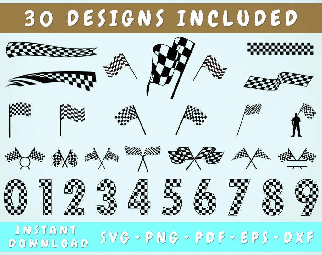 Racing Flag SVG Bundle - 30 Designs, Racing Numbers SVG - So Fontsy