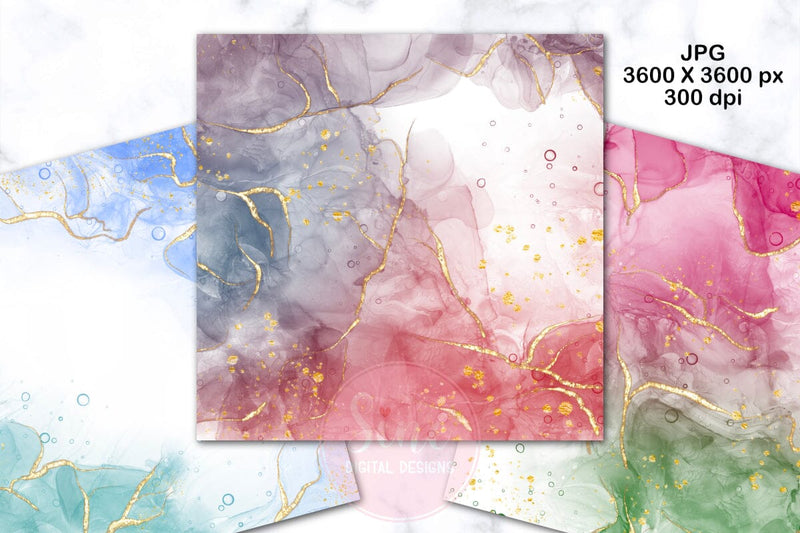 Rainbow Alcohol Ink and Metallic Gold Digital Papers Backgrounds - So ...