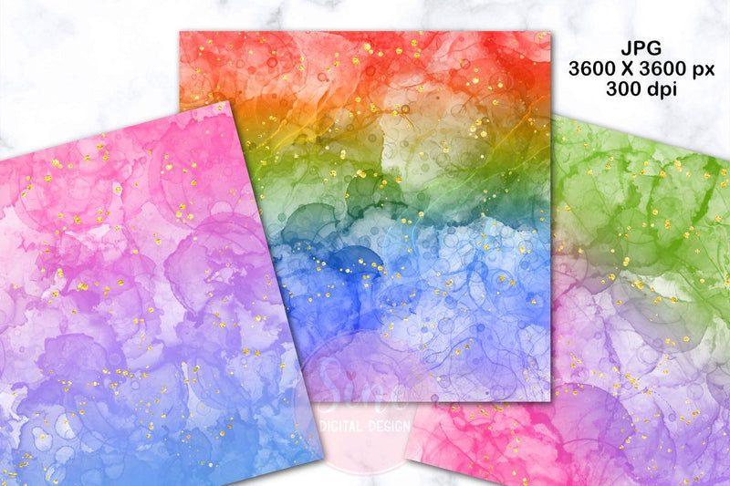 Rainbow Alcohol Ink Glitter Backgrounds Digital Papers - So Fontsy