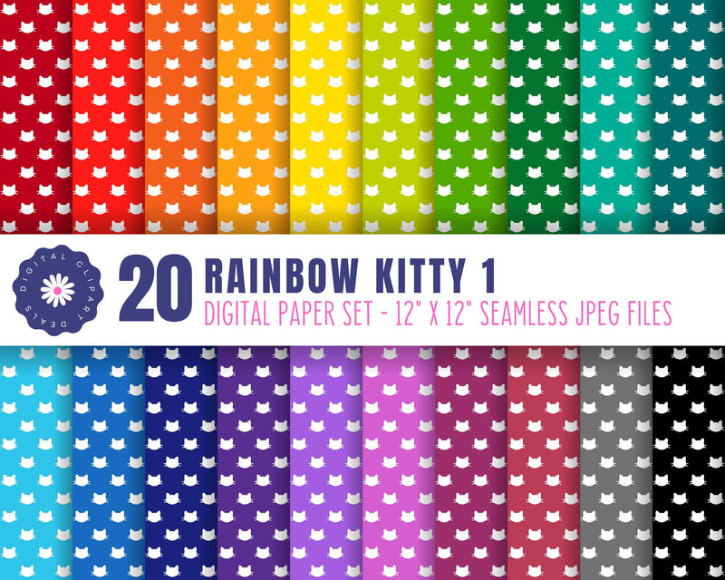 Rainbow Kitty Digital Paper Set 1 - Cat Patterned Paper Set - So Fontsy