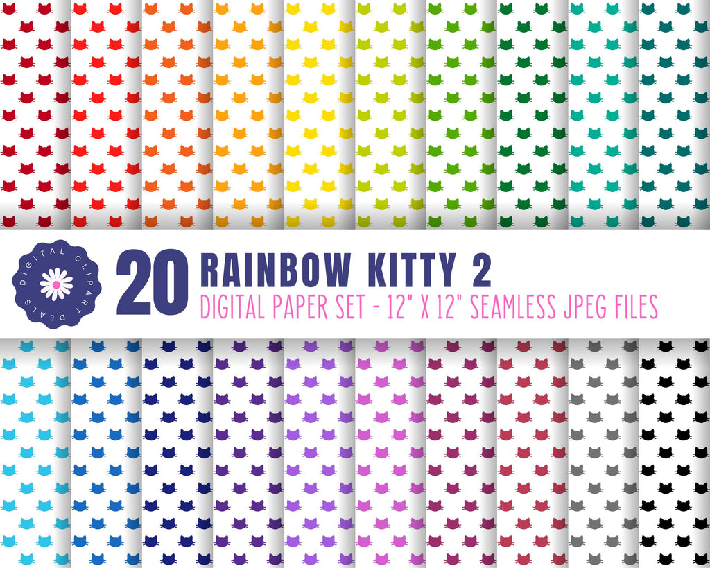 Rainbow Kitty Digital Paper Set 1 - Cat Patterned Paper Set - So Fontsy