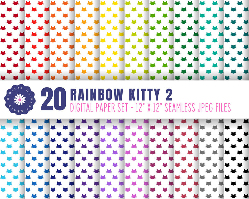 Rainbow Kitty Digital Paper Set 1 - Cat Patterned Paper Set - So Fontsy