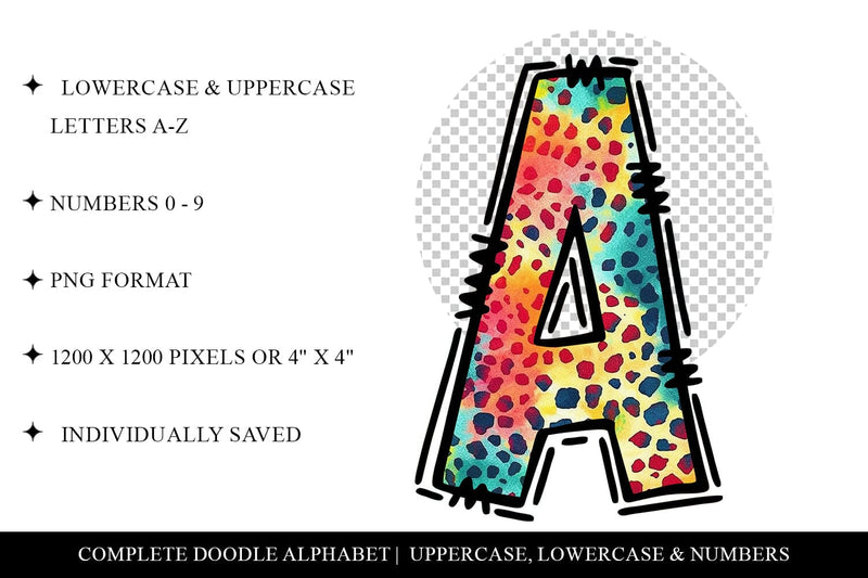 Rainbow Leopard Doodle Letters, PNG Doodle Alpha Alphabet - So Fontsy