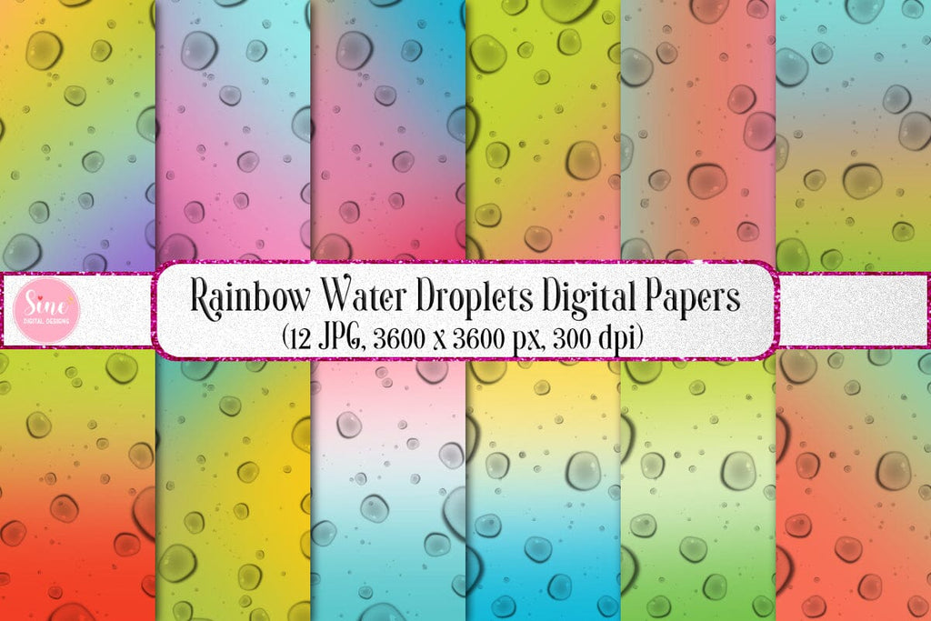 Rainbow Water Droplets Digital Papers Backgrounds Set - So Fontsy