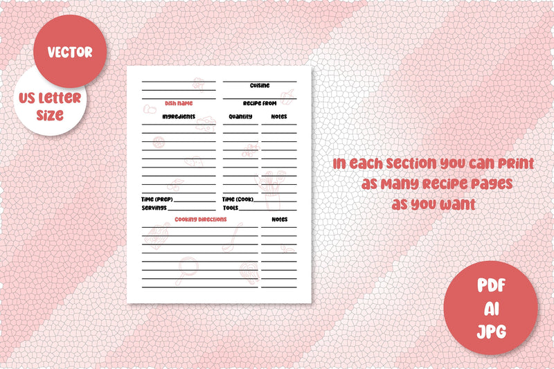 Recipe Book Templates | US Letter Printable Cooking Planner - So Fontsy