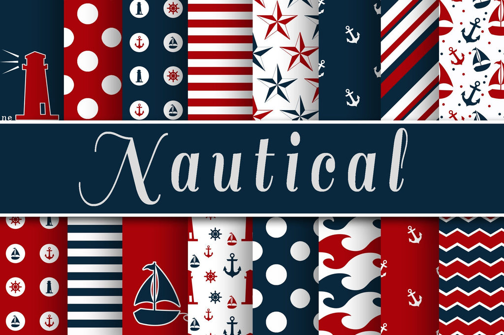 Red and Navy Blue Nautical Designs Digital Paper - So Fontsy
