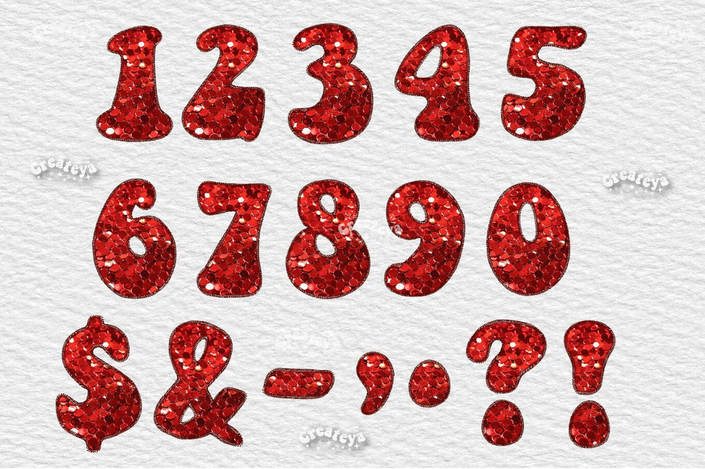 Red Christmas Alphabet PNG Letters Numbers Symbols Glitter Embroidery ...