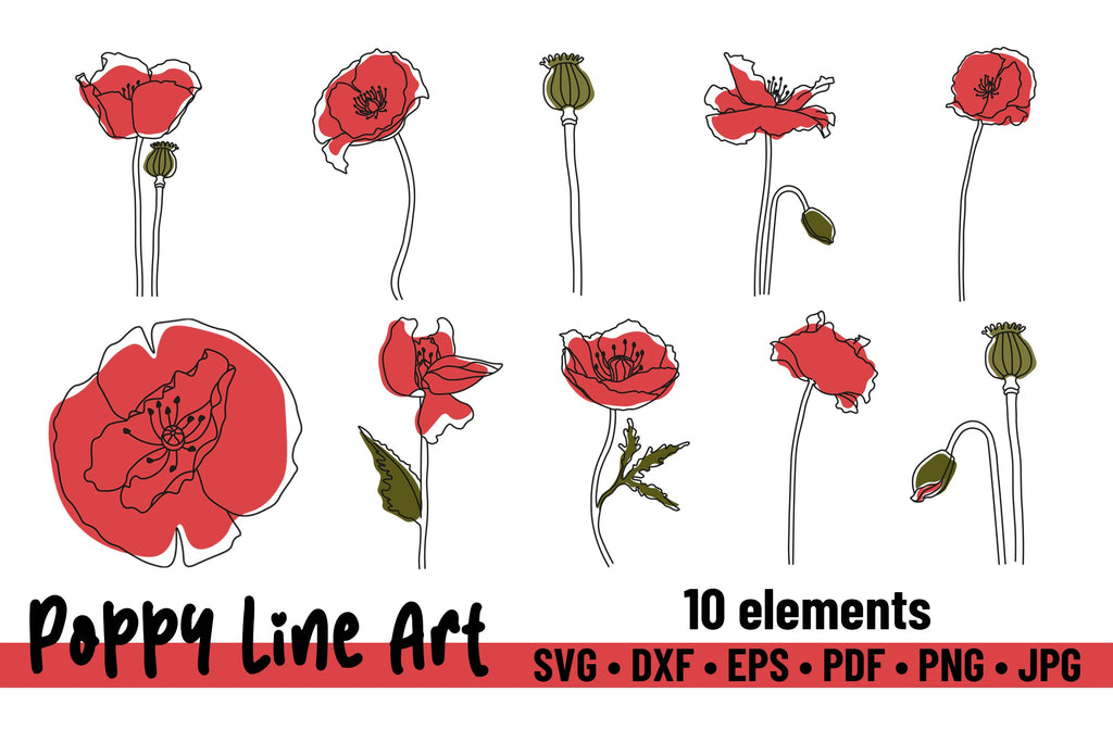 Red Poppy Line Art SVG Design Set - So Fontsy