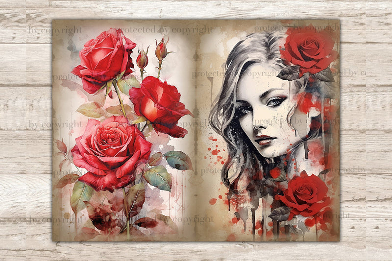 Red Roses Junk Journal Pages | Woman Printable Card - So Fontsy