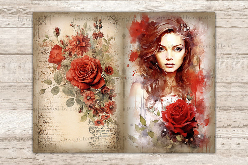 Red Roses Junk Journal Pages | Woman Printable Card - So Fontsy