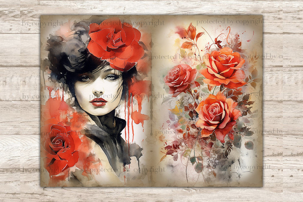 Red Roses Junk Journal Pages | Woman Printable Card - So Fontsy