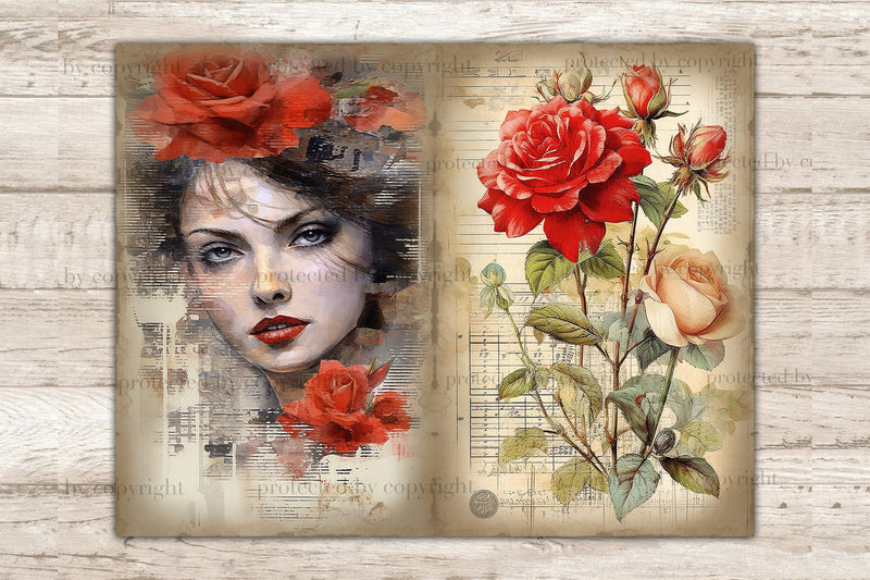 Red Roses Junk Journal Pages | Woman Printable Card - So Fontsy