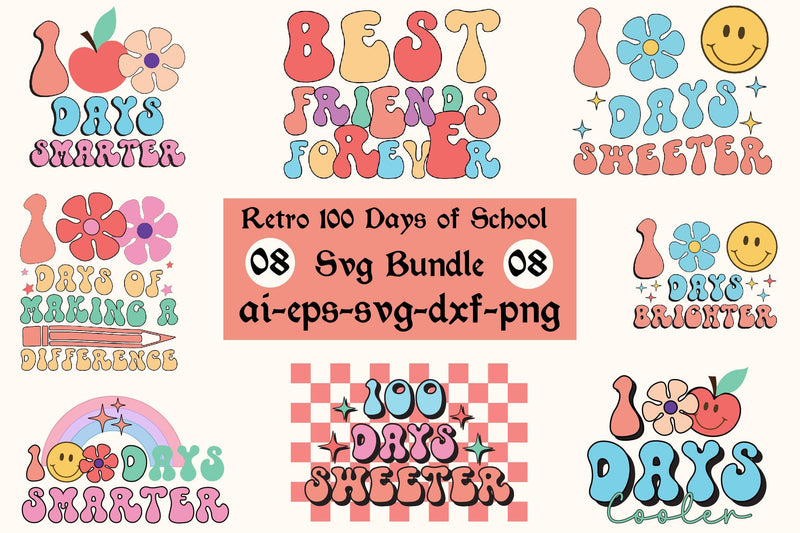 Retro 100 Days of School Svg Bundle - So Fontsy