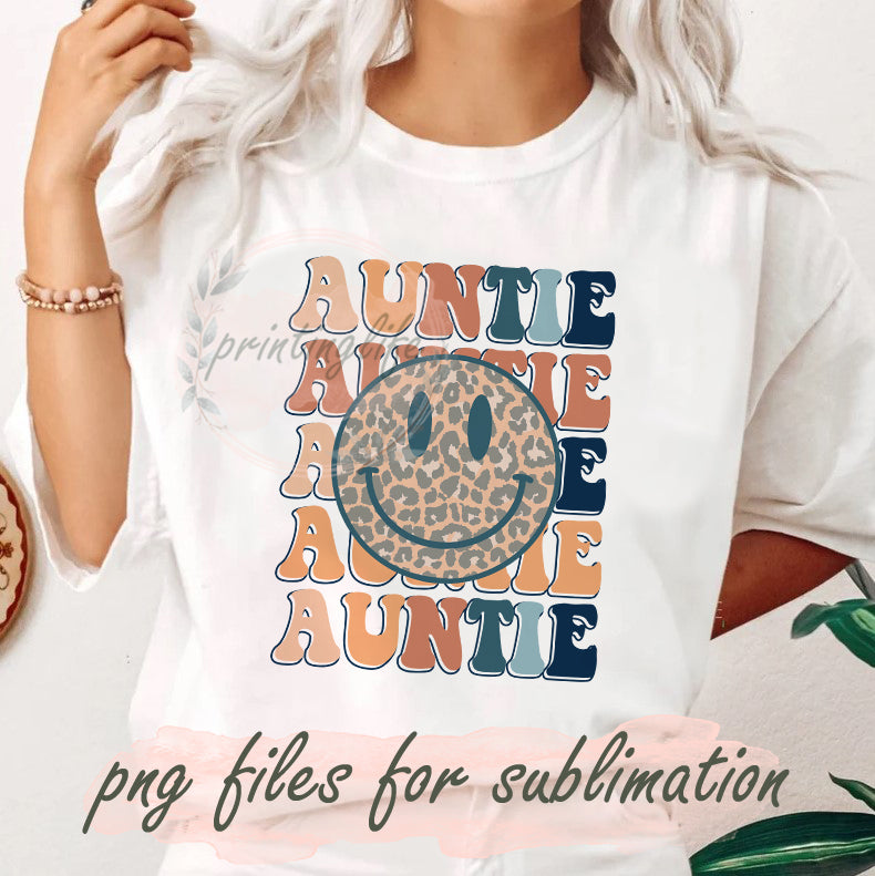 Retro Auntie Sublimation Png, Smiley Face Leopard Png, Auntie Happy ...