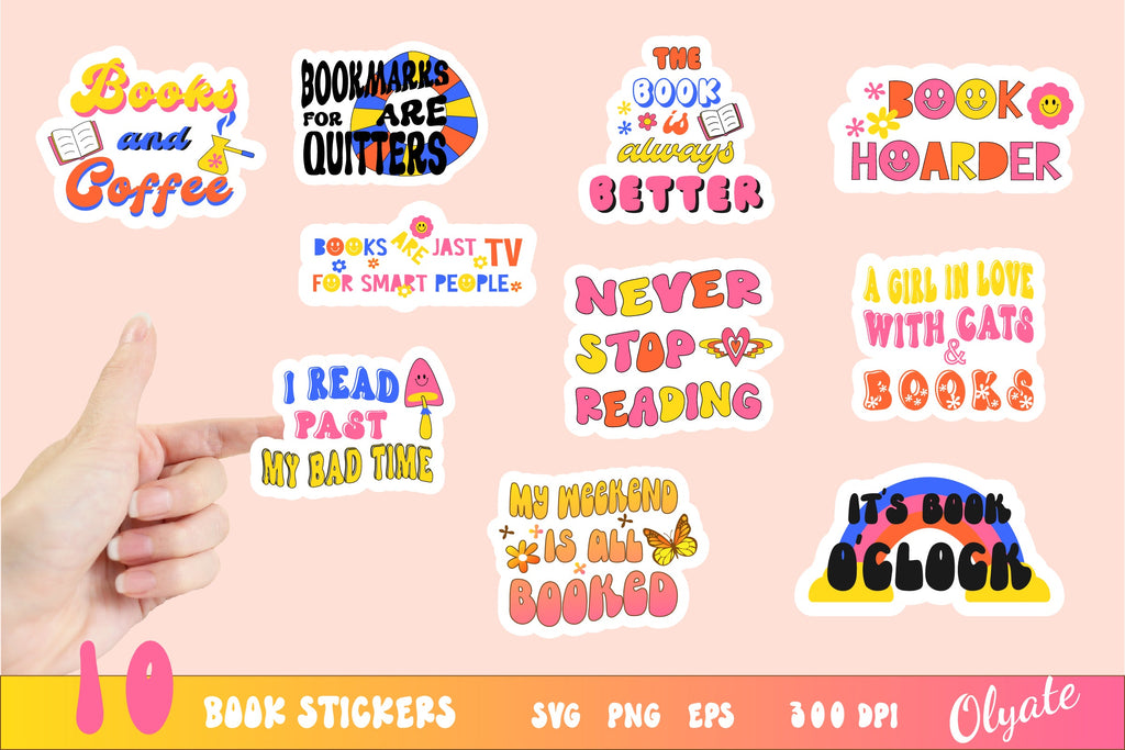 Retro Book Sticker Pack. Book Quotes Bundle PNG - So Fontsy