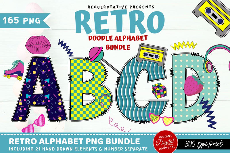 Retro Doodle Alphabet Bundle with Hand Drawn Clipart - So Fontsy
