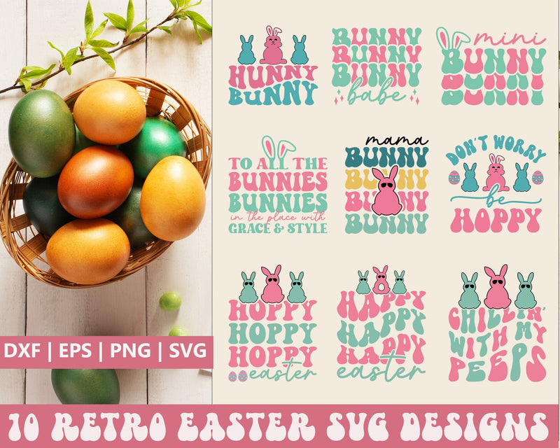 Retro Easter SVG Bundle, Easter svg bundle, easter egg svg, Groovy style, retro shirt svg, peeps ...