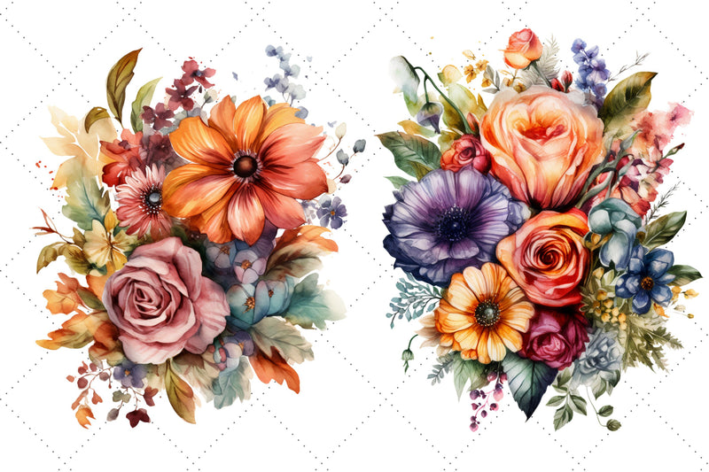 Retro Floral Bouquet Watercolor Clipart Bundle, Sublimation, Retro ...