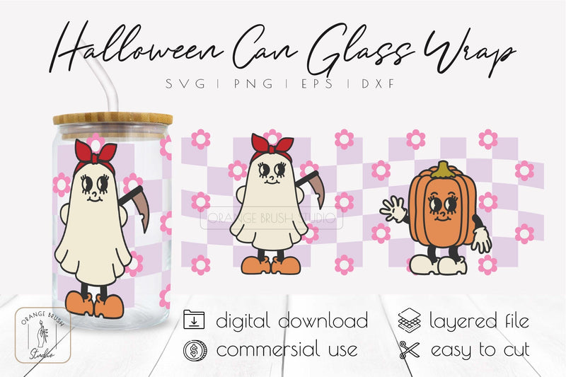 Retro Halloween Libbey Can Glass Wrap 16 Oz Ghost SVG File - So Fontsy