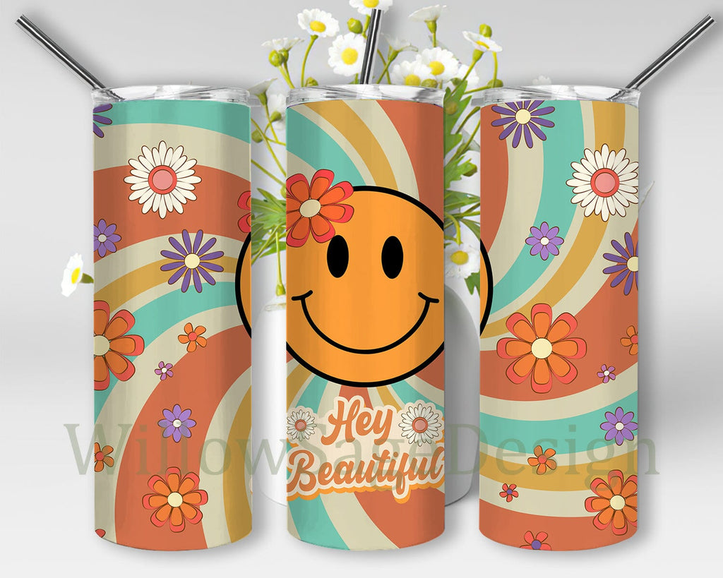 Retro Hey Beautiful 20oz Skinny Tumbler, Retro Smiley Face Tumbler ...