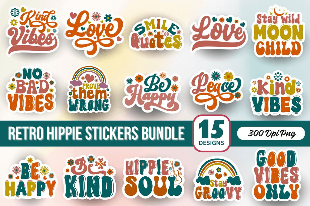 Retro Hippie Stickers Bundle - So Fontsy