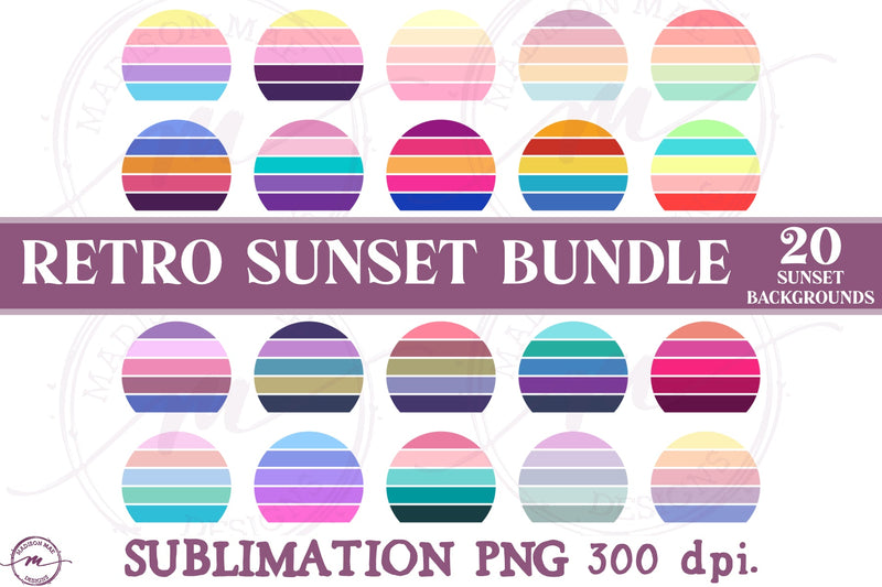 Retro Sunset Sublimination Bundle - 20 PNG Files - So Fontsy