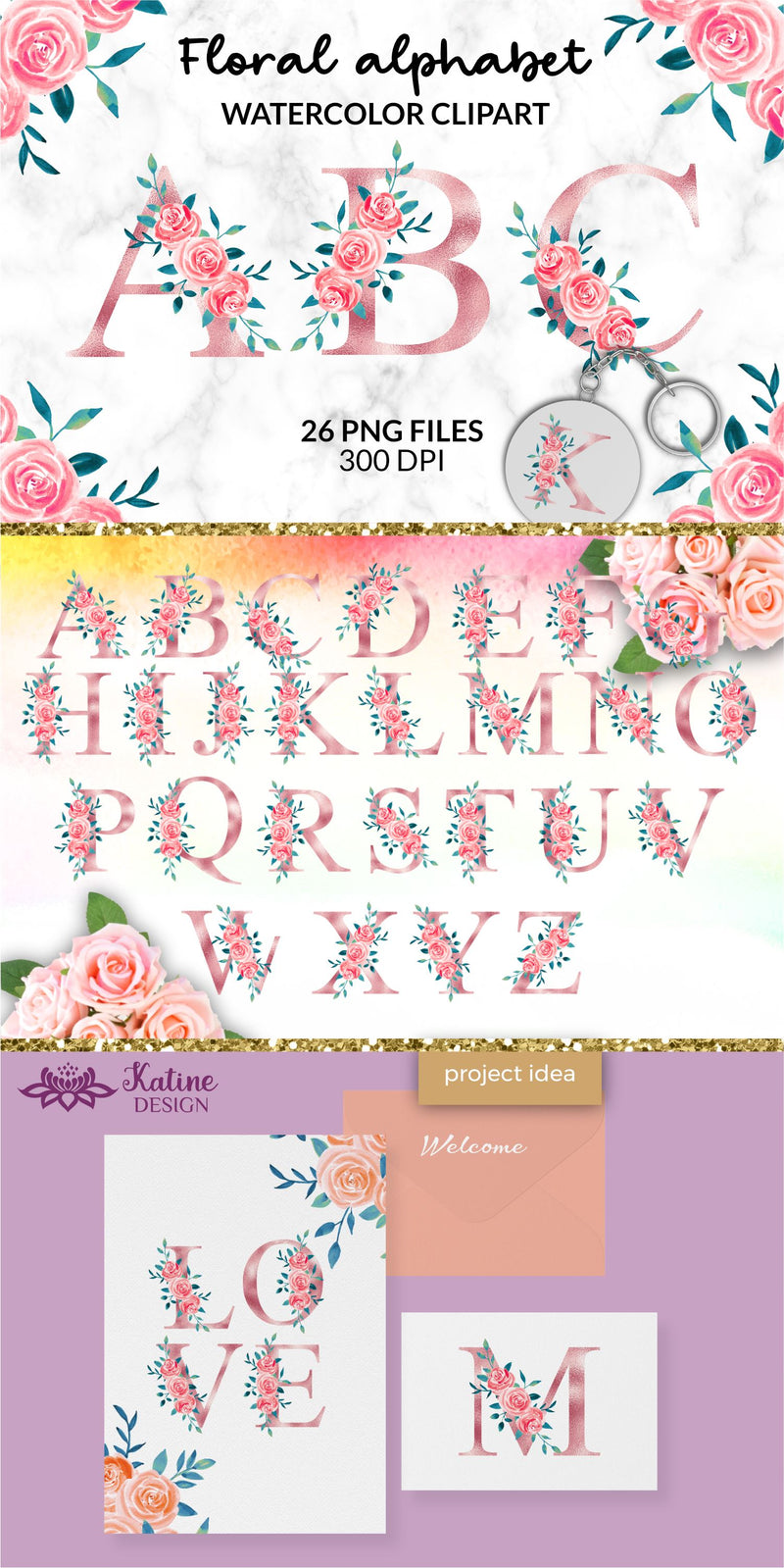 Rose gold alphabet letters clipart Sublimation flower font Floral ...